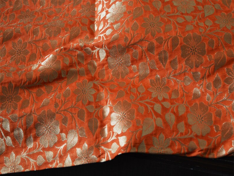 Brocade Fabric in Orange and Gold Banarasi Fabric Wedding | Etsy