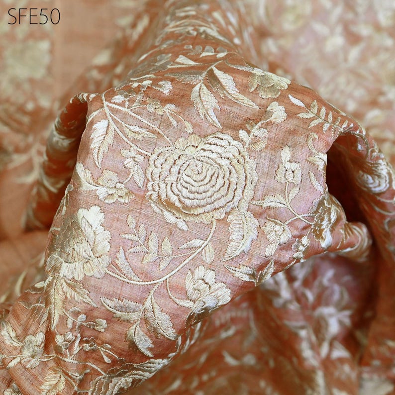 Pure Tussar Silk Embroidered Fabric by the Yard Indian Embroidery Raw ...