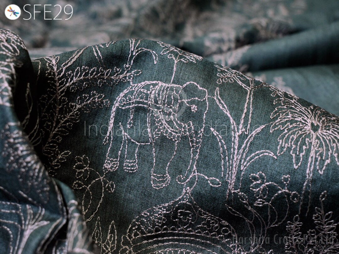 Pure Tussar Silk Embroidered Fabric by the Yard Indian Embroidery Raw ...