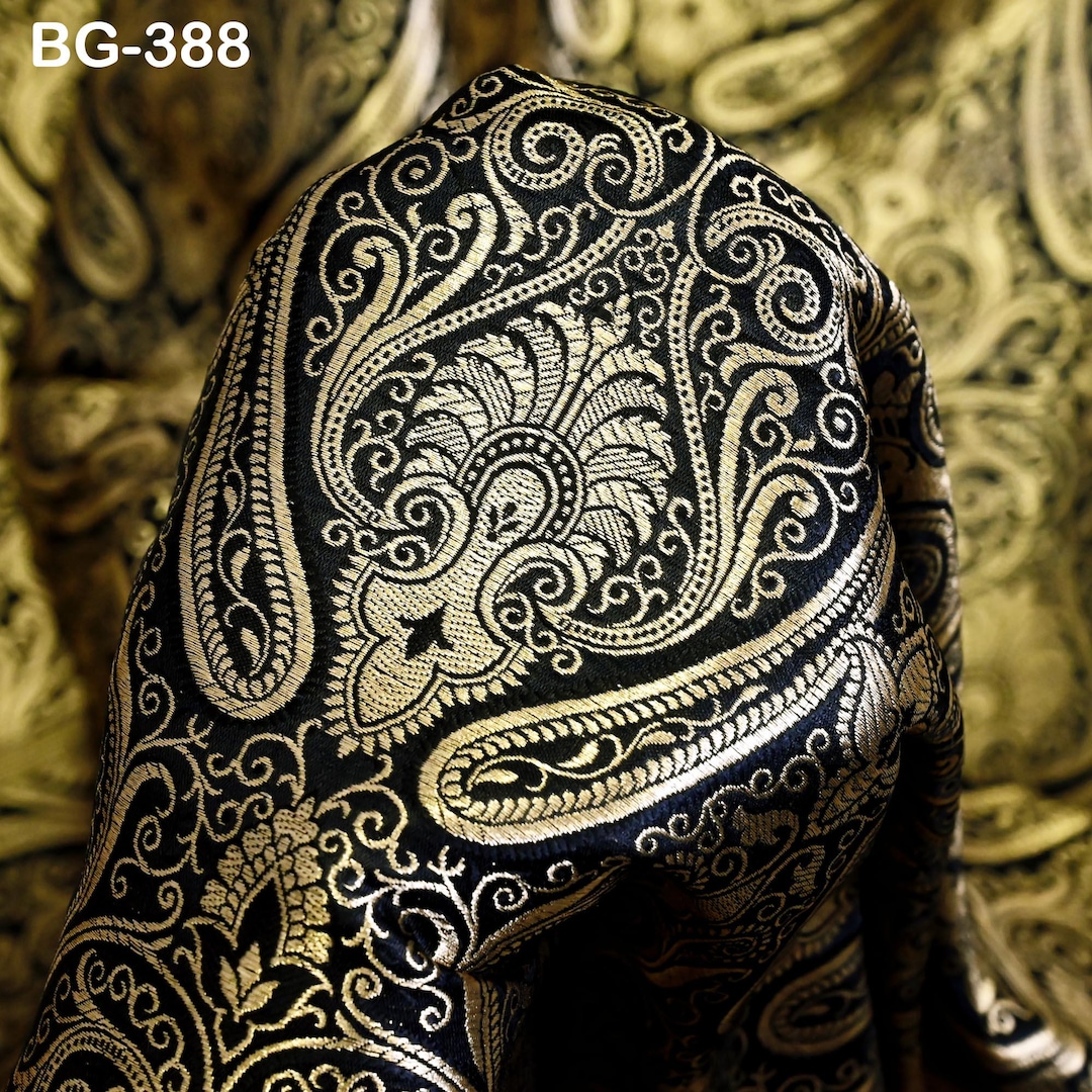 Black Brocade Fabric by the Yard Brocade for Vest Jacket Banarasi ...