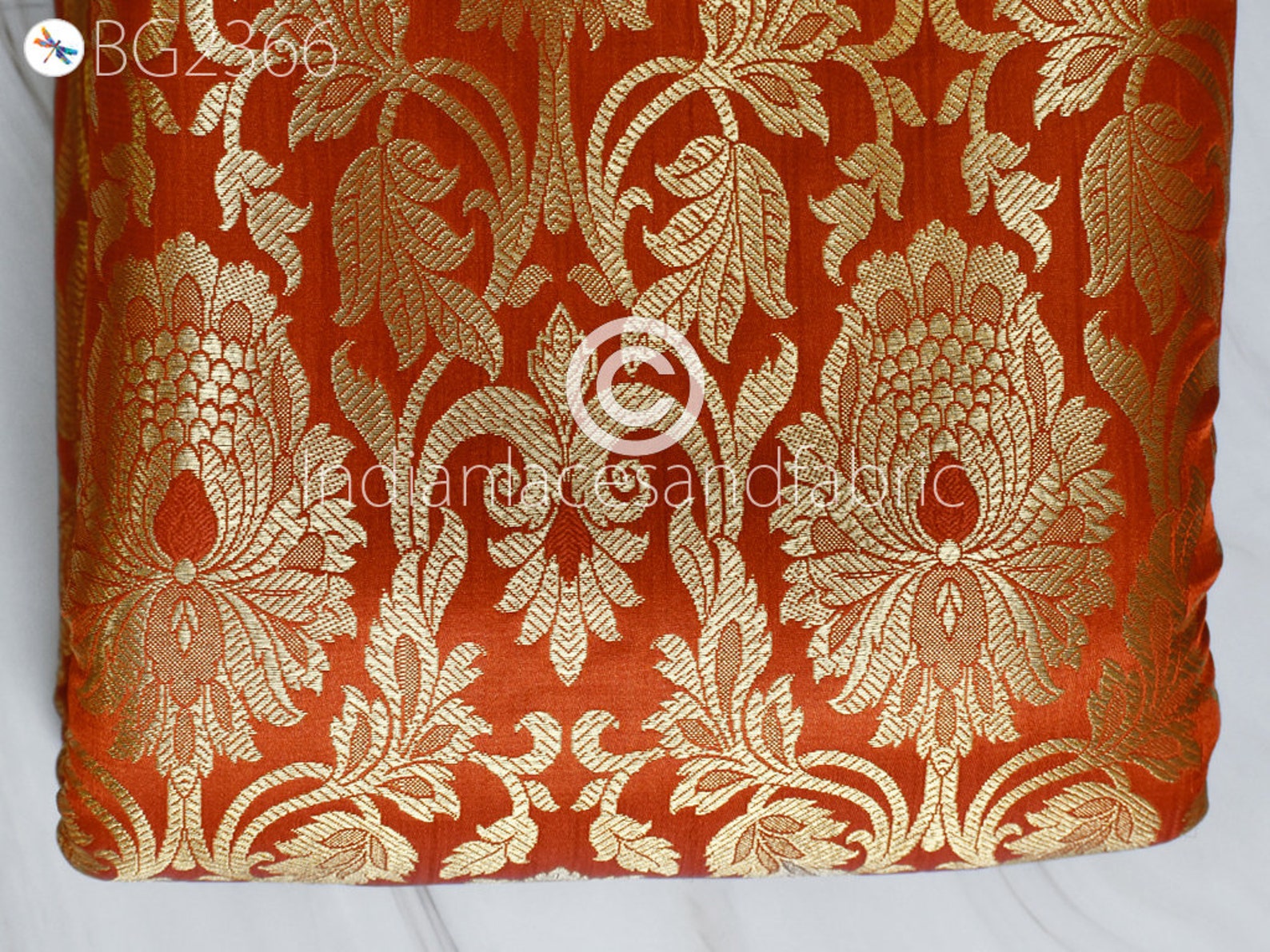 Burnt Orange Brocade by the Yard Fabric Banarasi Blended Silk Wedding ...