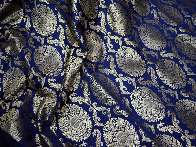 Navy Blue Banaras Brocade Fabric By The Yard Banarasi For Etsy