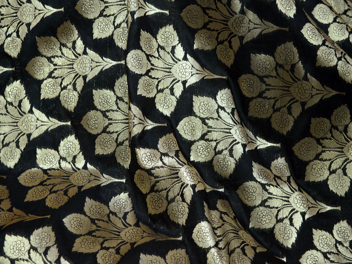 Indian Black Brocade Fabric by the Yard Wedding Dress Fabric Banarasi ...