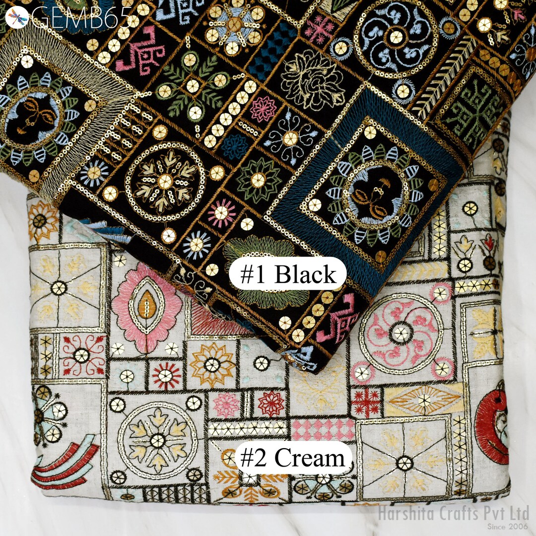 Indian Embroidered Flex Cotton Fabric by the Yard Embroidery Summer Dresses Party Costumes Bags ...