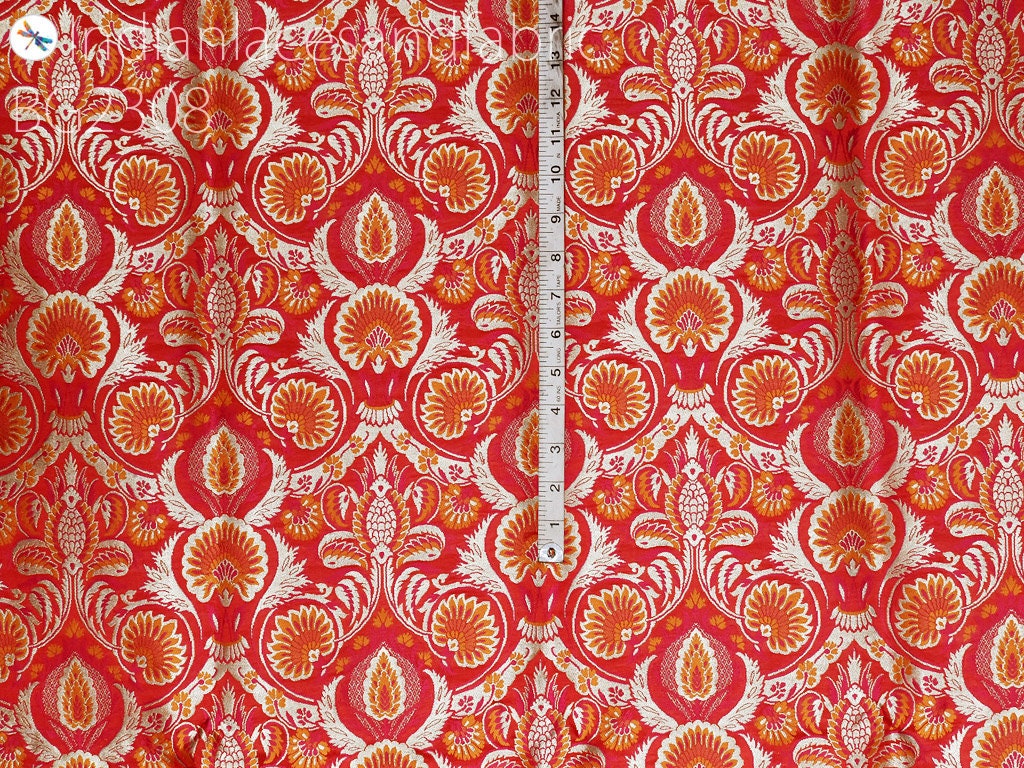 Indian Red Brocade Fabric by the Yard Banarasi Dress Material | Etsy