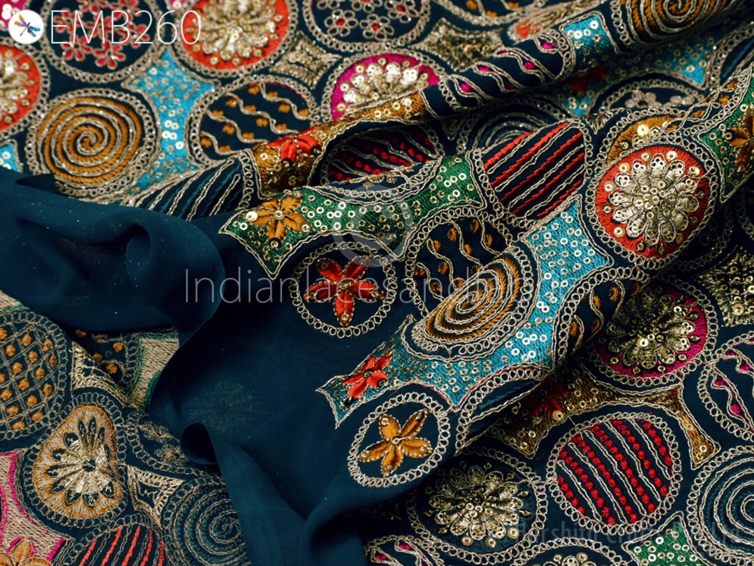 Buy Indian Embroidered Fabric by the Yard Georgette Blue Online in ...