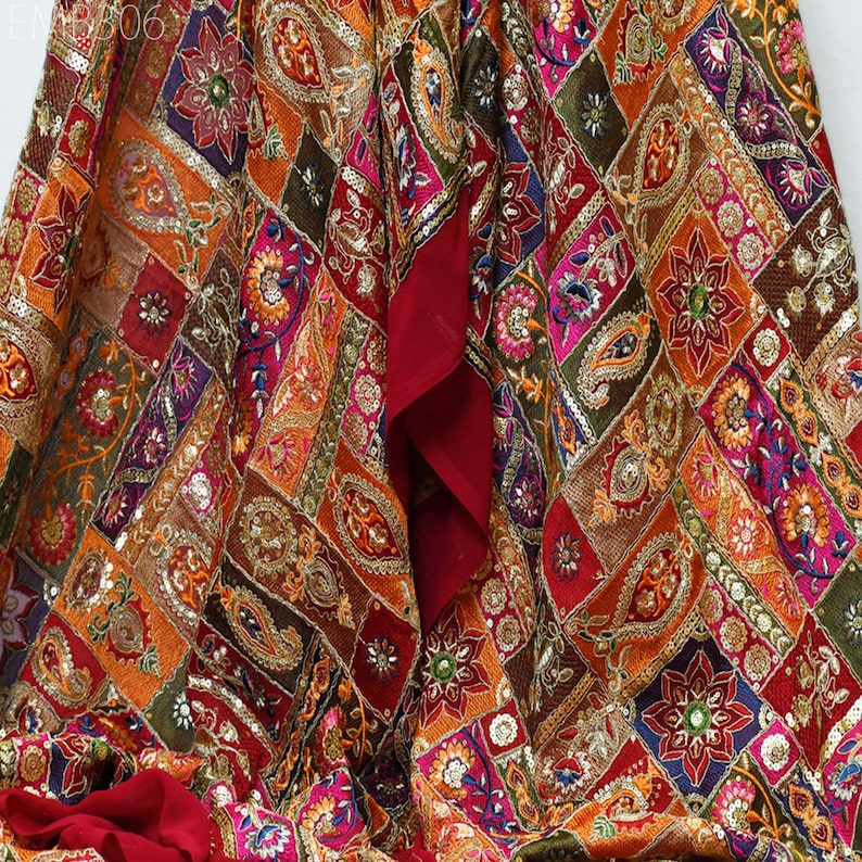 54" Maroon Indian Embroidered Fabric by the Yard Georgette Embroidery ...