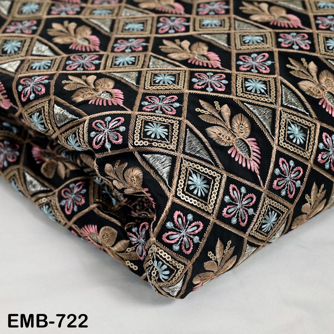 Black Embroidered Fabric by the Yard Sewing Crafting Indian Embroidery ...