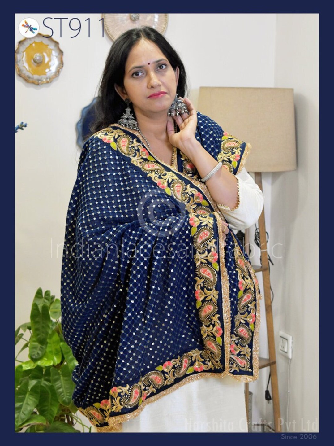 Navy Blue Dupatta Georgette Bridal Wedding Lehenga Heavy Chunni Indian ...