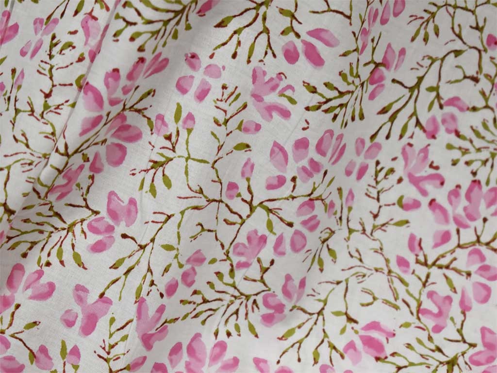 Pink Indian Floral Hand Stamped Block Printed Soft Cotton Fabric by ...
