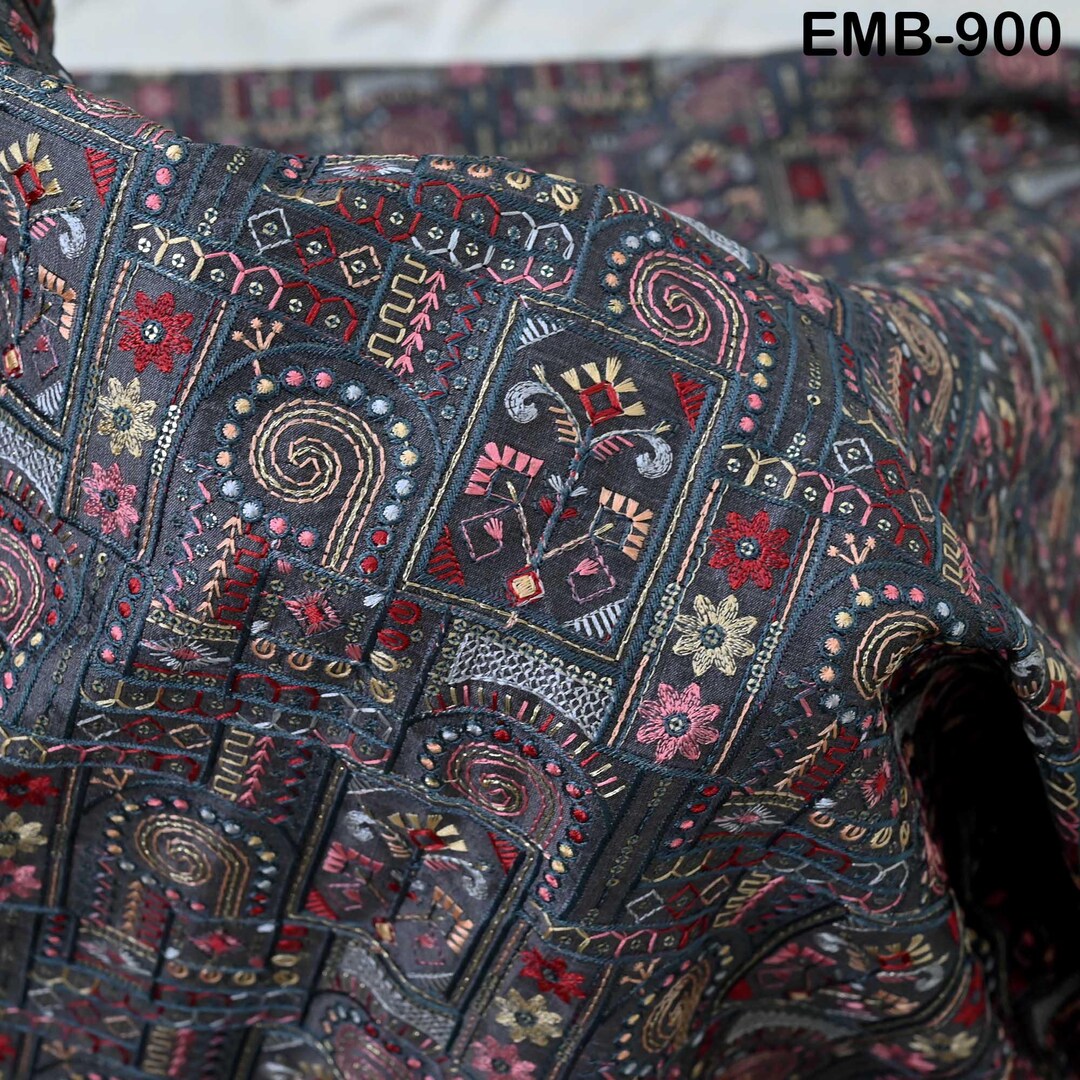 Grey Embroidered Fabric by the Yard Sewing Crafting Indian Embroidery ...