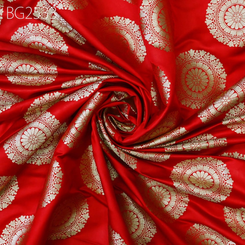 Red Brocade Fabric by the Yard Blended Indian Wedding Dresses Varanasi ...