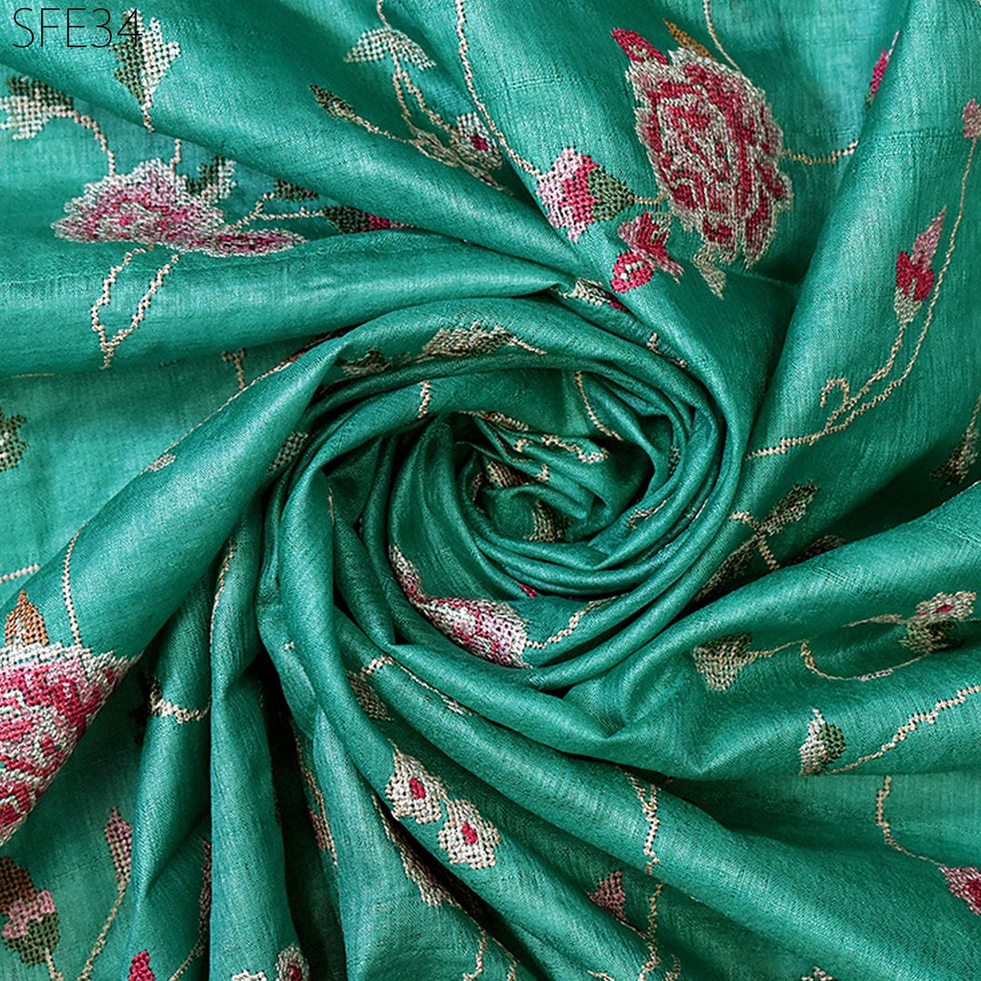 Pure Tussar Silk Embroidered Fabric by the Yard Indian Embroidery Raw ...