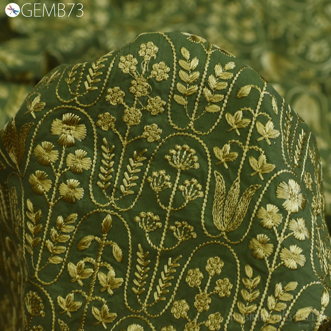 Green Embroidered Cotton Fabric by the Yard Indian Embroidery Sewing ...