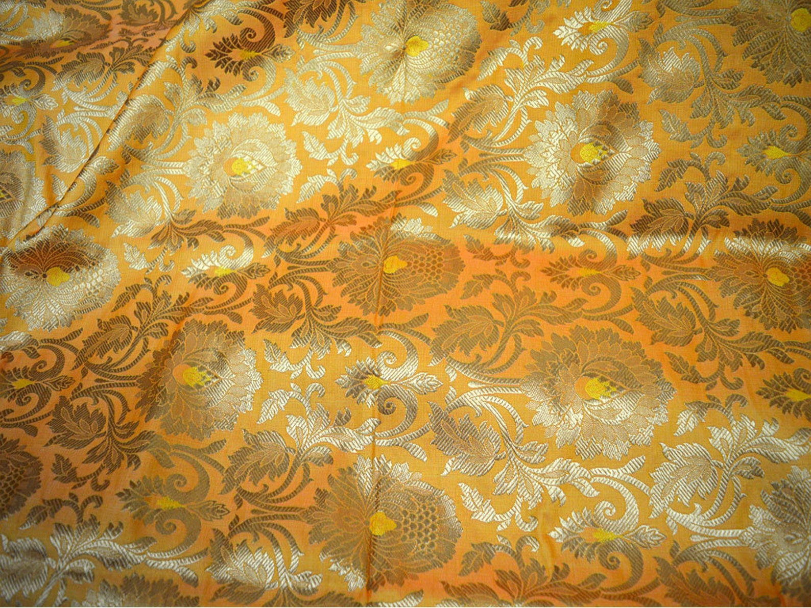 Yellow Brocade Fabric by the Yard Gold Banaras Brocade Fabric | Etsy