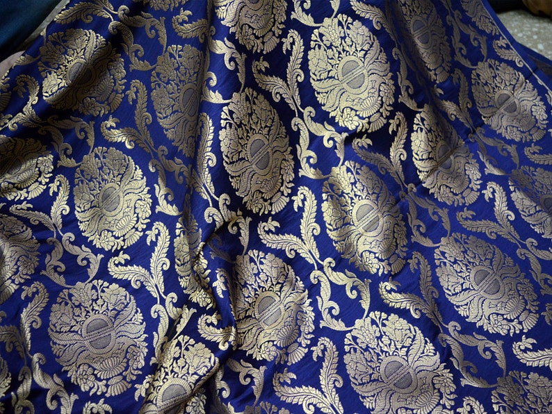 Navy Blue Banaras Brocade Fabric By The Yard Banarasi For Etsy