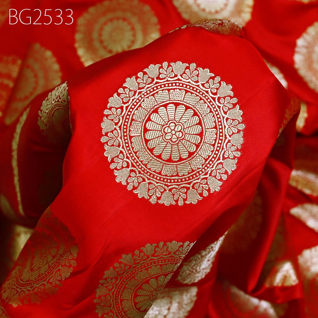 Red Brocade Fabric by the Yard Blended Indian Wedding Dresses Varanasi ...