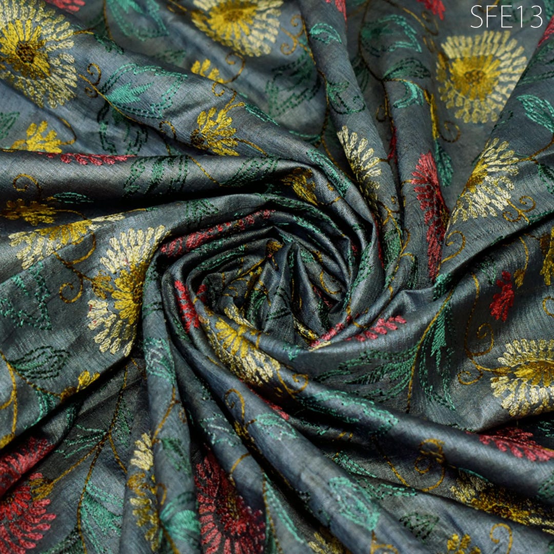 Pure Tussar Silk Embroidered Fabric by the Yard Indian Embroidery Raw ...