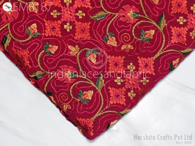 Red Indian Embroidered Fabric by the Yard Georgette Embroidery - Etsy
