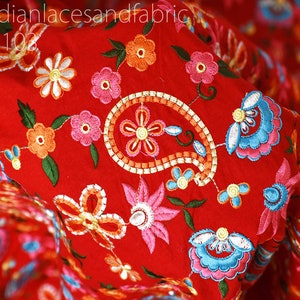 Red Embroidered Cotton Fabric by the Yard Indian Embroidery Sewing DIY ...