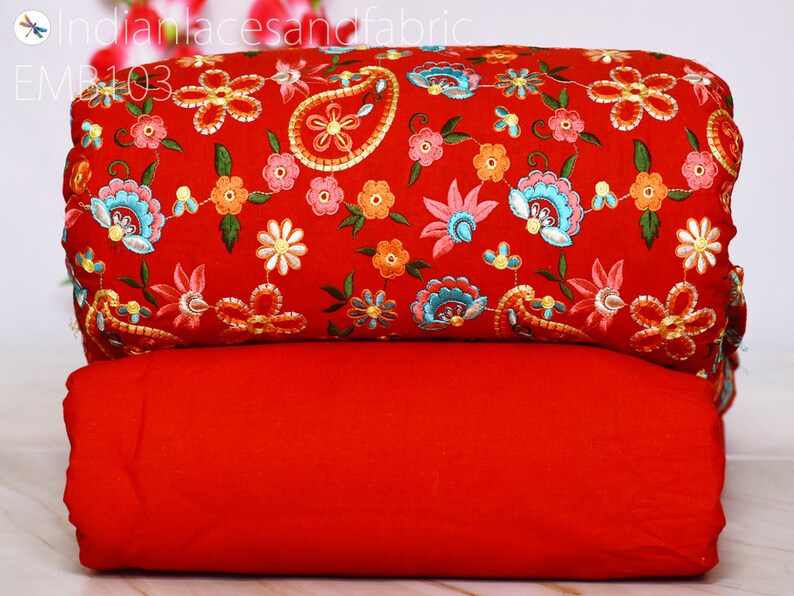 Red Embroidered Cotton Fabric by the Yard Indian Embroidery | Etsy