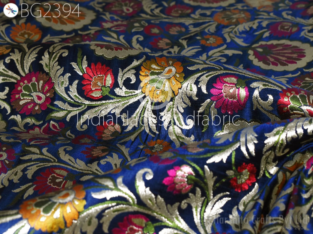 Indian Navy Blue Silk Brocade by the Yard Wedding Dress Banarasi ...