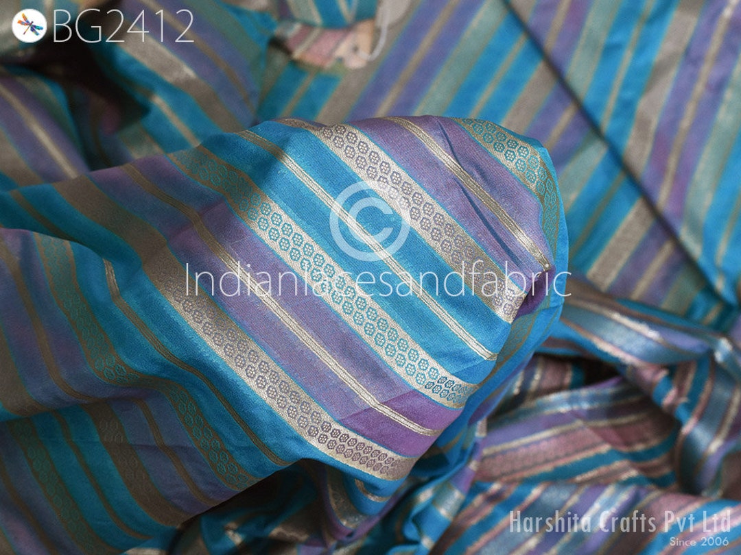 Blue Indian Brocade By The Yard Diagonal Stripes Banarasi Etsy
