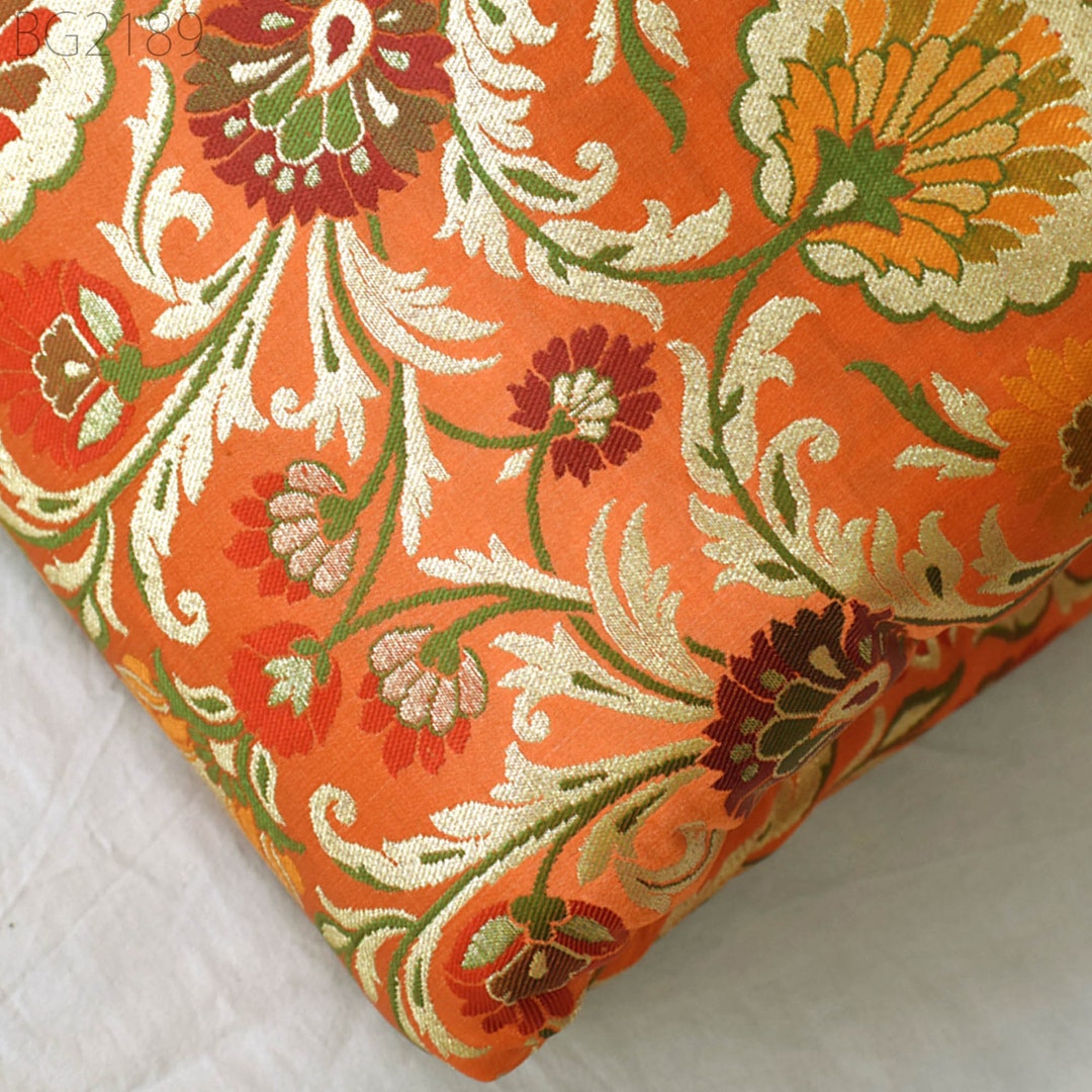 Indian Orange Brocade Fabric by the Yard Banarasi Dress Material ...