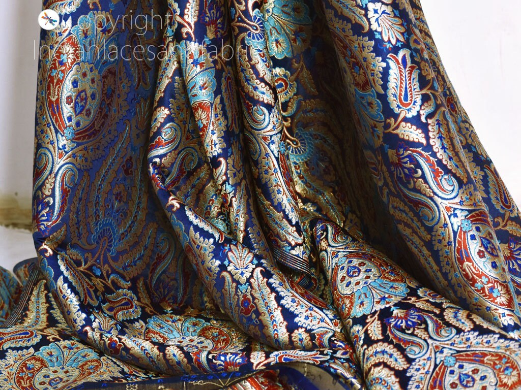 Navy Blue Brocade Fabric by Yard Banarasi Indian Bridal - Etsy