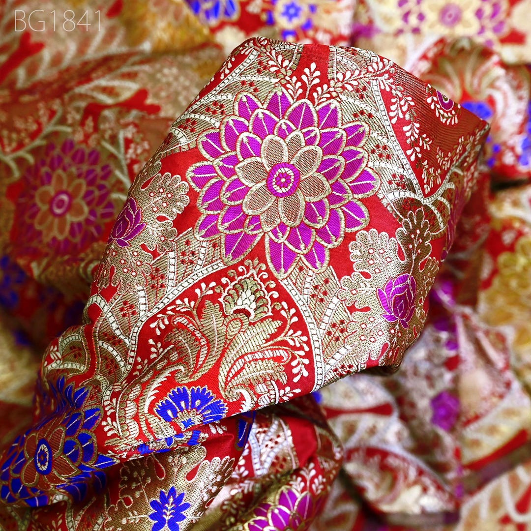 Indian Banaras Red Brocade by the Yard Benarse Wedding Dress Fabric ...