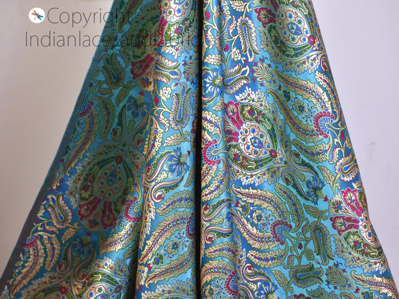 Indian Blue Brocade Fabric Banarasi by the Yard Bridal Wedding | Etsy