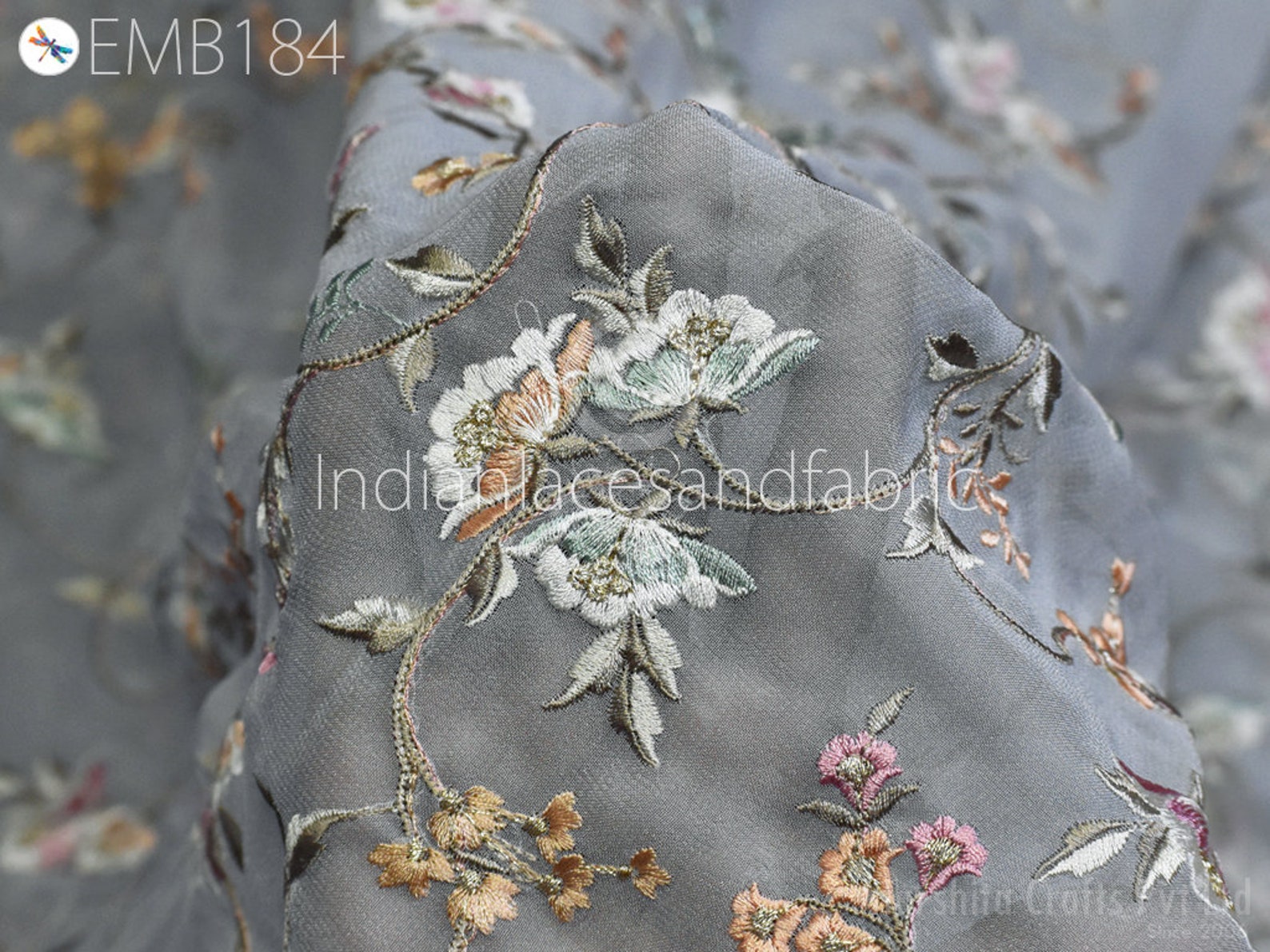 Grey Indian Embroidered Fabric by the Yard Georgette - Etsy