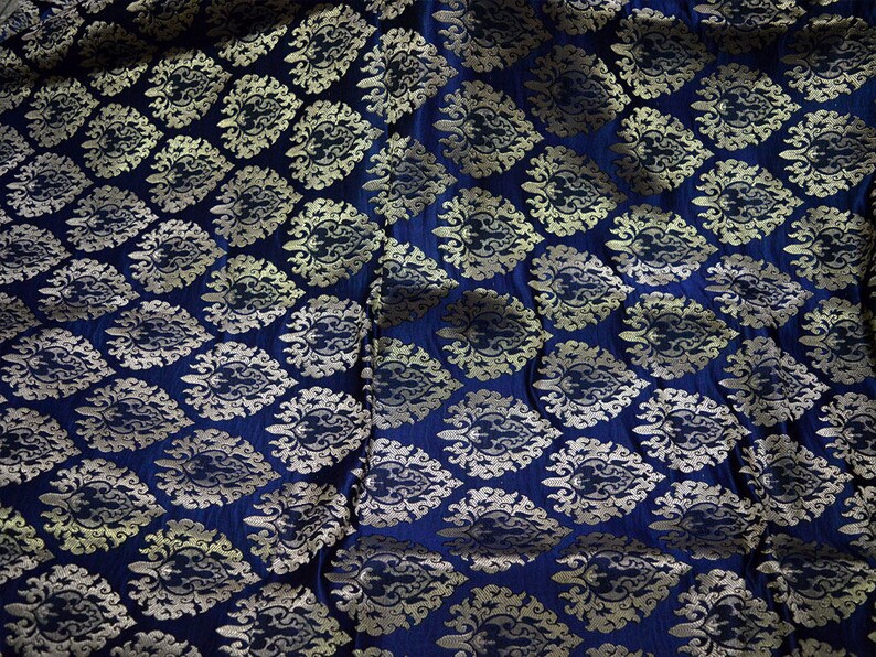 Indian Brocade Fabric By The Yard Navy Blue Banarasi Fabric Etsy