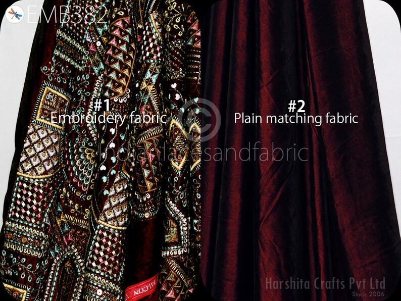 Buy Maroon Indian Embroidered Velvet Fabric by the Yard Sewing DIY ...