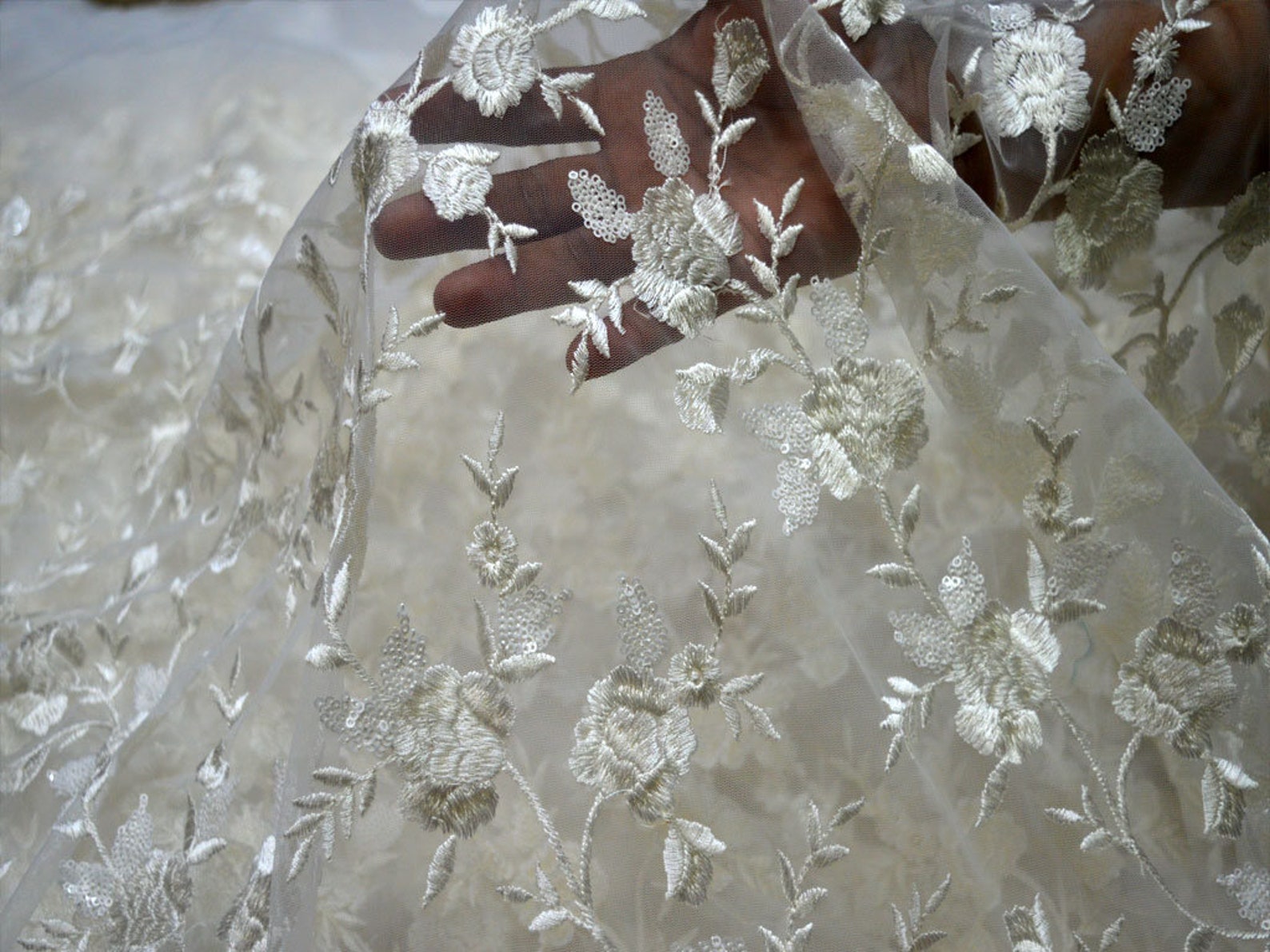 White Net Tulle Embroidery Sari Fabric Floral Embroidered - Etsy