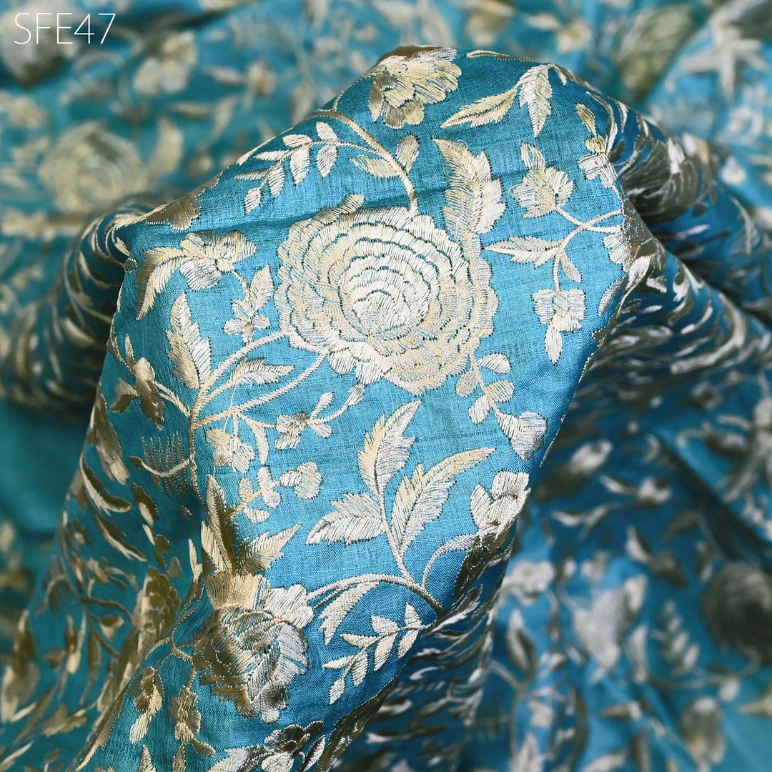 Pure Tussar Silk Embroidered Fabric by the Yard Indian Embroidery Raw ...