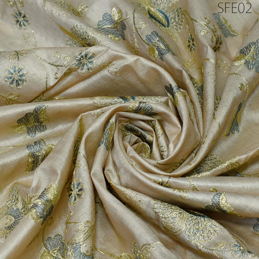 Pure Tussar Silk Embroidered Fabric by the Yard Indian Embroidery Raw ...