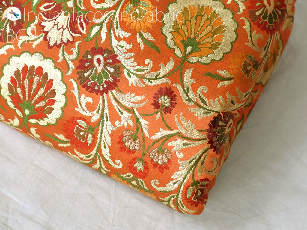 Indian Orange Brocade Fabric by the Yard Banarasi Dress - Etsy