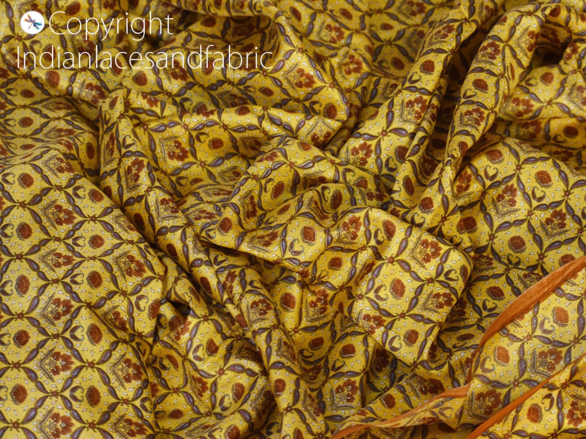 Tela Sari de seda estampada pura suave amarilla india por la - Etsy España