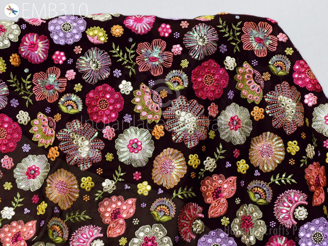 Indian Embroidered Fabric by the Yard Wine Georgette Embroidery Sewing ...