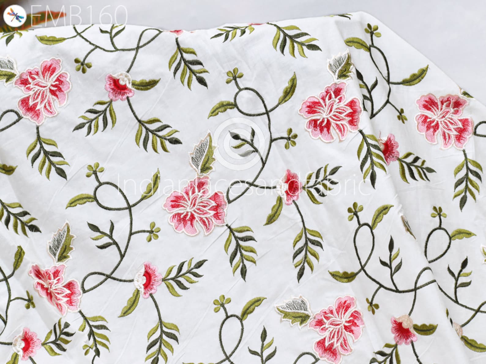 Floral Embroidered Cotton Fabric by the Yard Indian Embroidery | Etsy