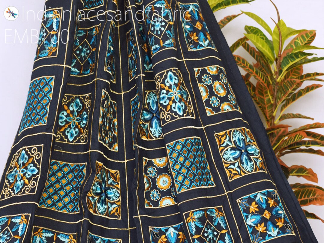 Navy Blue Embroidered Fabric Indian Embroidery Cotton Fabric - Etsy