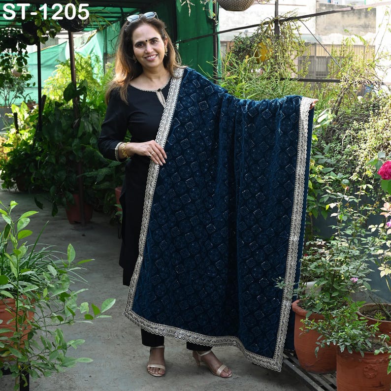 Teal Embroidered Velvet Shawl Designer Dupatta Embroidery on Edges Gift ...