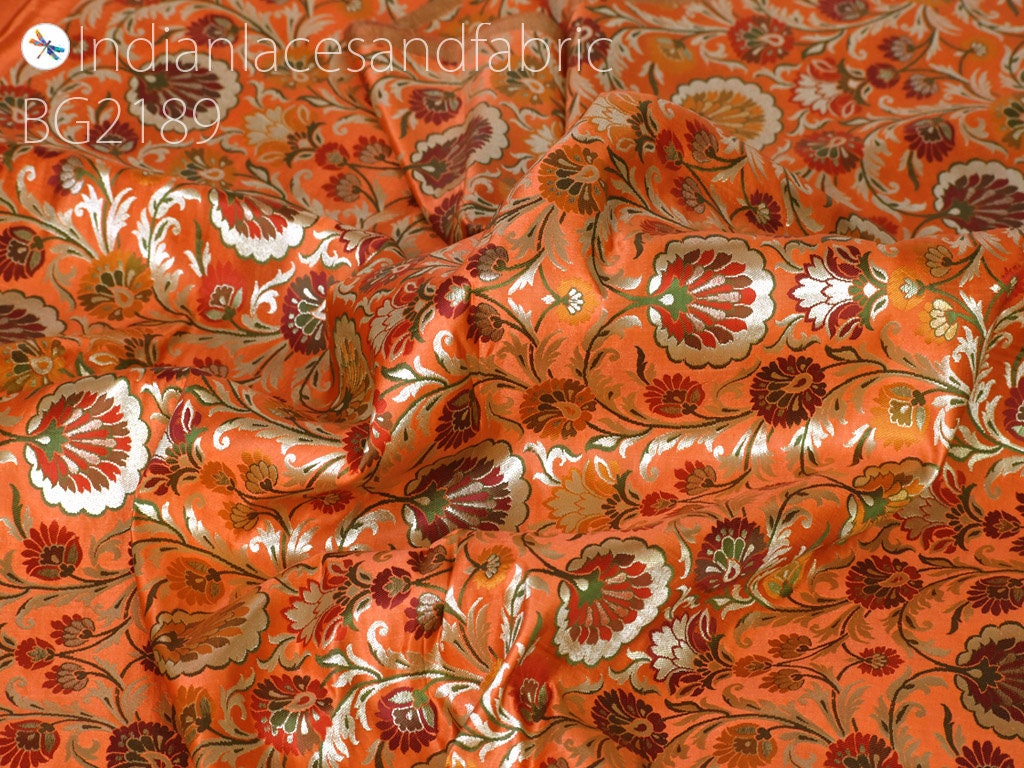 Indian Orange Brocade Fabric by the Yard Banarasi Dress - Etsy