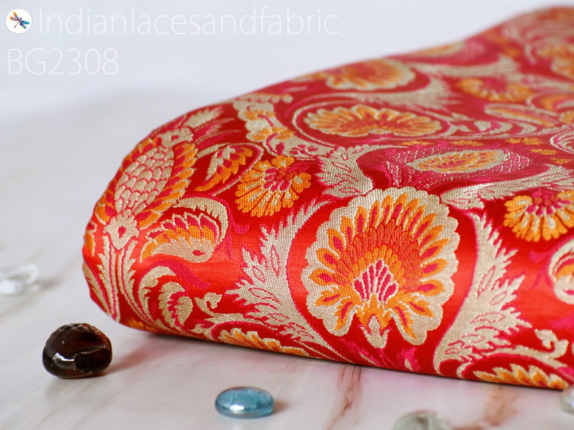 Indian Red Brocade Fabric by the Yard Banarasi Dress Material | Etsy