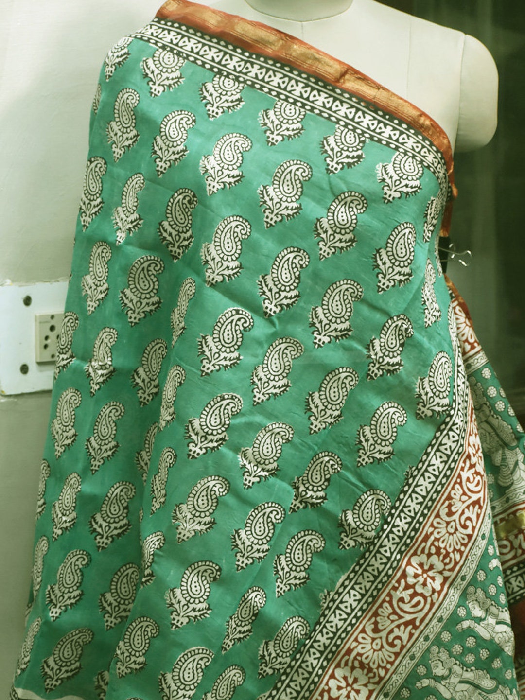 Green Indian Hand Block Print Chanderi Cotton Scarf Dupatta Handmade ...