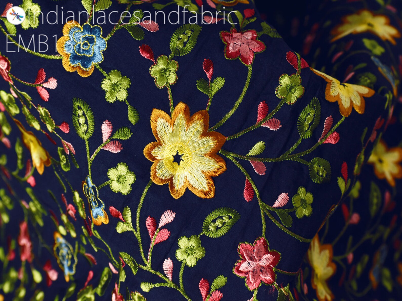 Blue Embroidered Cotton Fabric by the Yard Indian Embroidery | Etsy