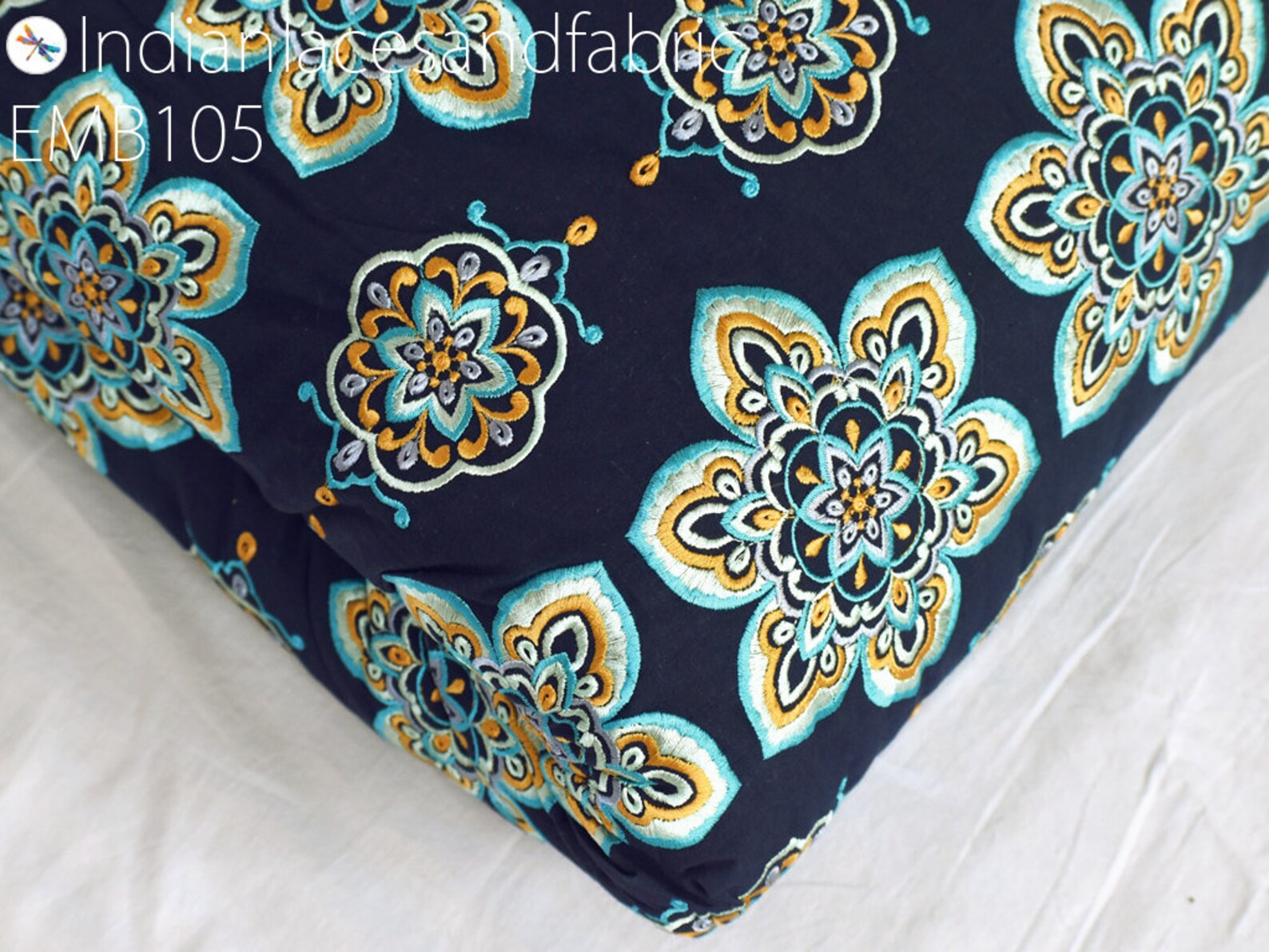 Navy Blue Embroidered Cotton Fabric by Yard Indian Embroidery - Etsy