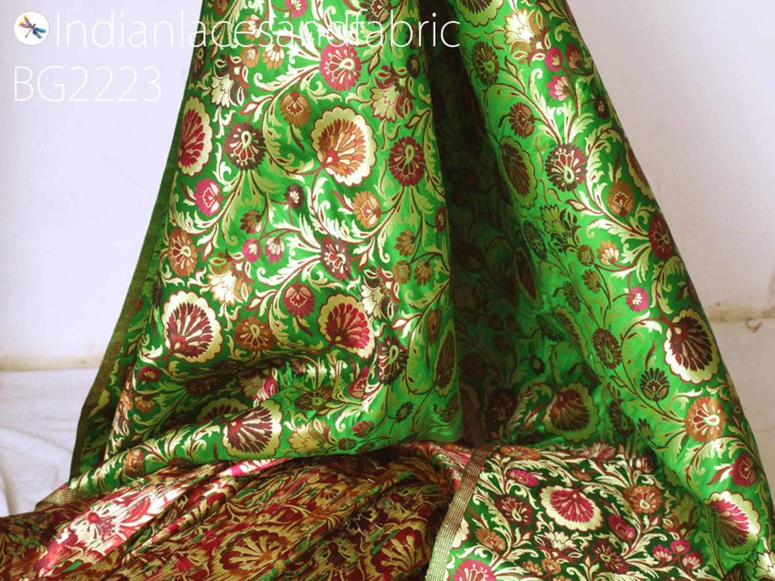 Tela india brocado de seda verde por la yarda tela de vestido | Etsy