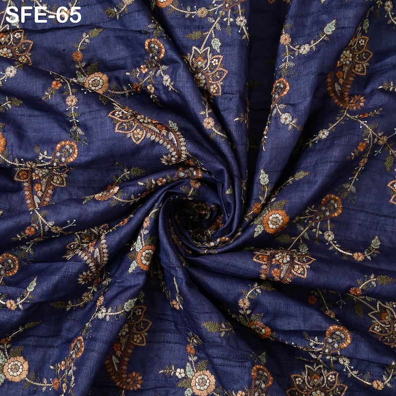 Pure Tussar Silk Embroidered Fabric by Yard Indian Black Embroidery Raw ...